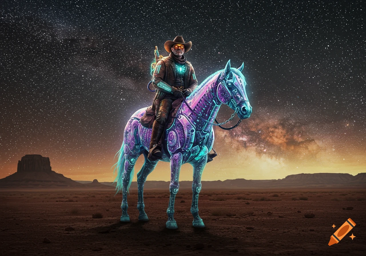 Cyborg cowboy riding a glowing, futuristic horse under a starry sky in ...
