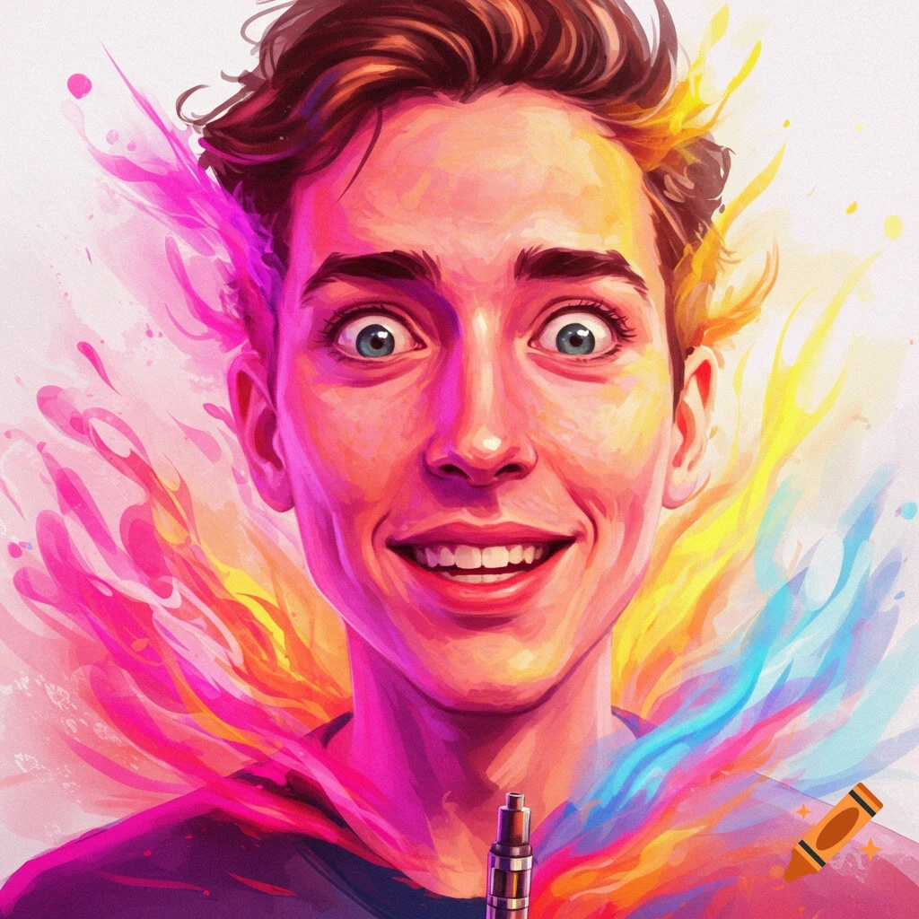 Painterly portrait of an excited person with wide eyes, surrounded by ...