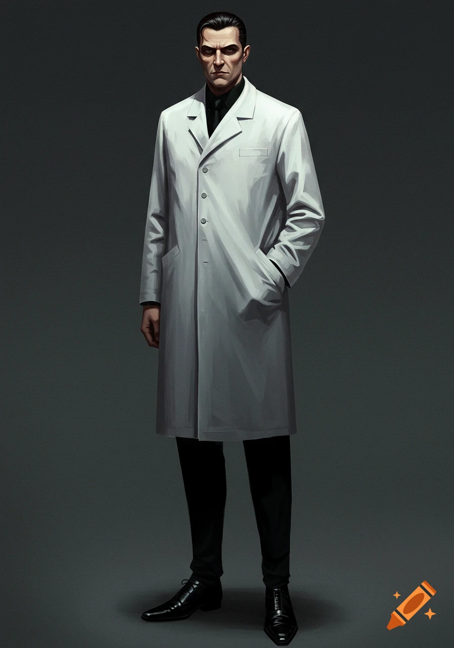 A stern man with slicked-back hair wearing a lab coat on Craiyon