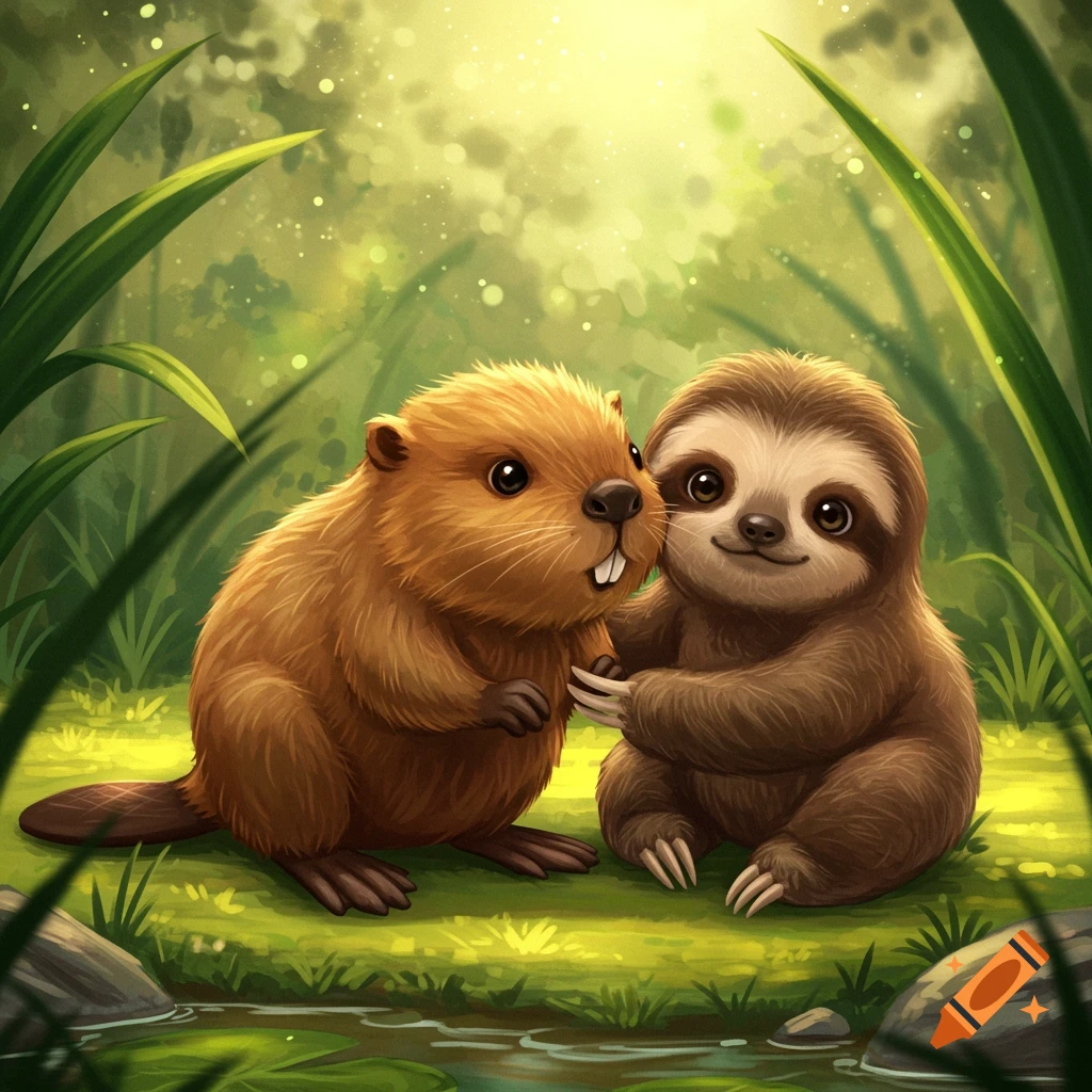A cute baby beaver and baby sloth hugging in a forest clearing. on Craiyon