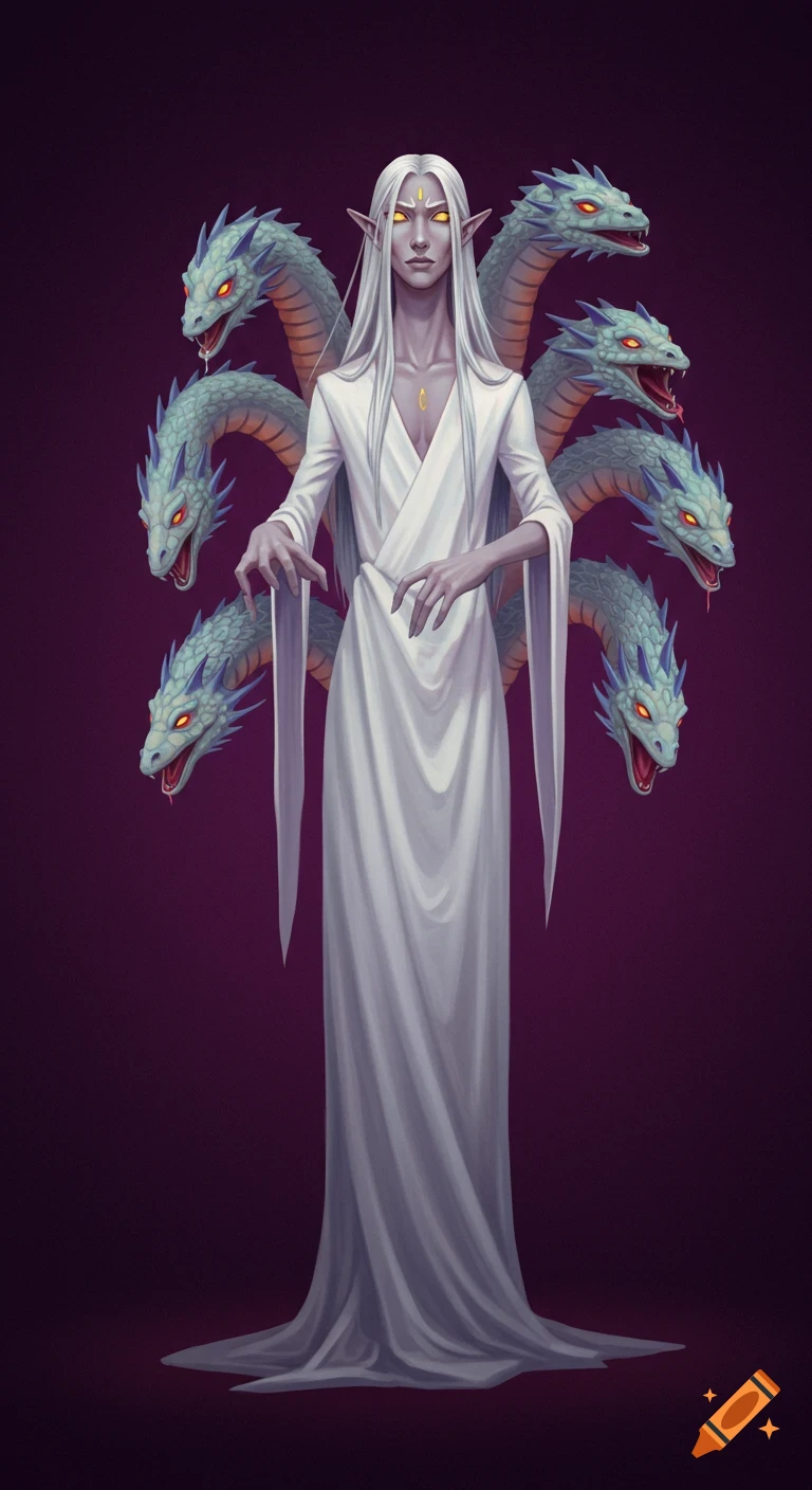 A tall, pale figure in a white robe stands with multiple blue hydra ...