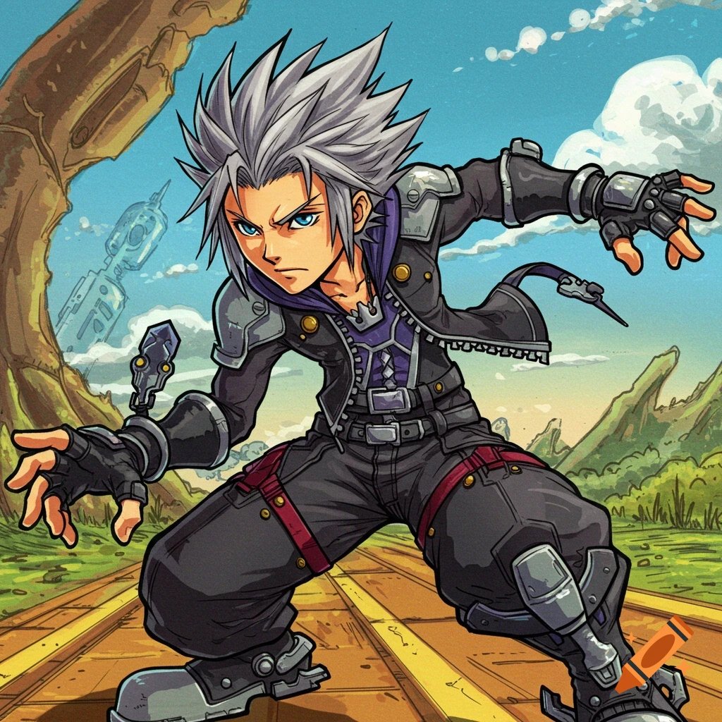 Anime character with silver spiky hair in a dynamic pose in a stylized ...