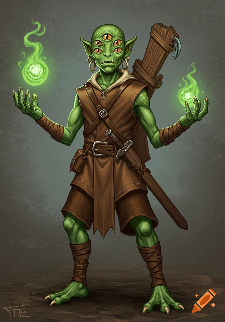 Green fantasy creature with five eyes holding green glowing orbs. on ...
