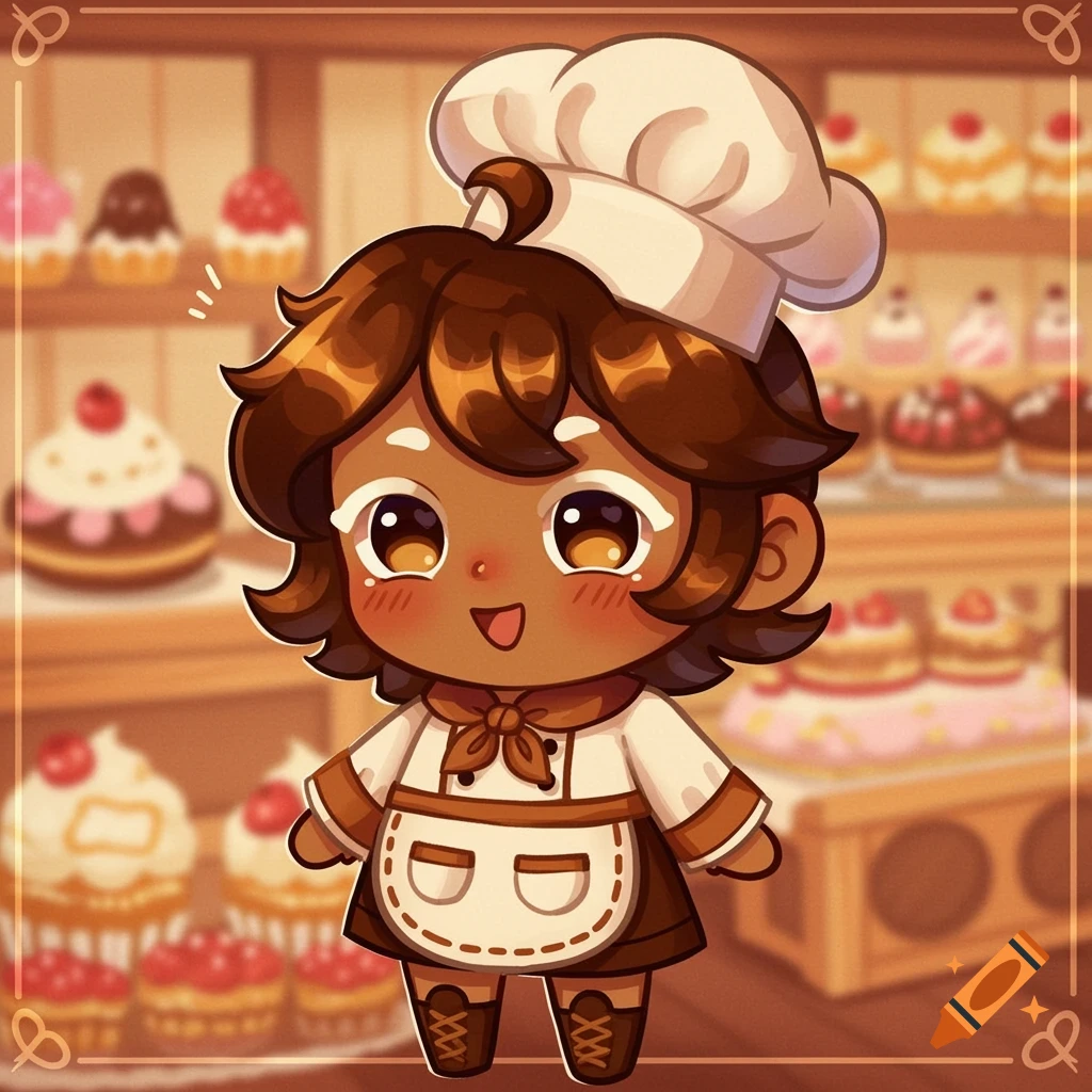 Cute anime character dressed as a baker in a pastry shop on Craiyon