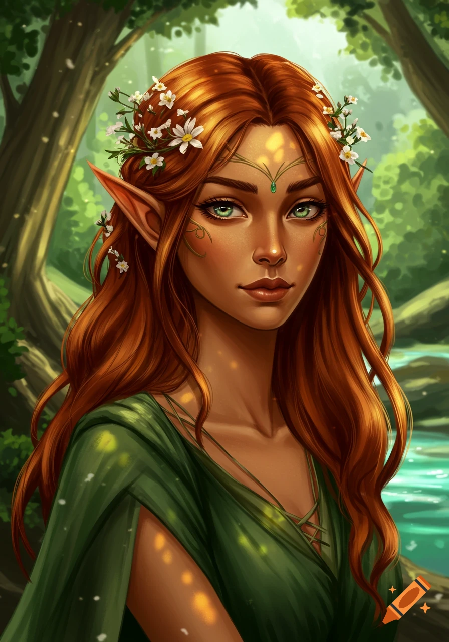 Close-up portrait of a female wood elf with long red hair and green ...