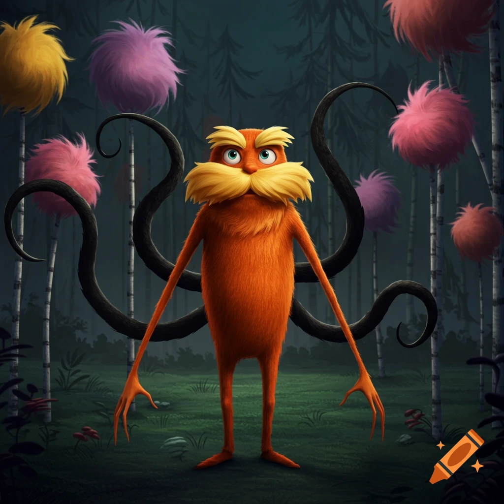 An orange creature with a yellow mustache, long arms, and black ...