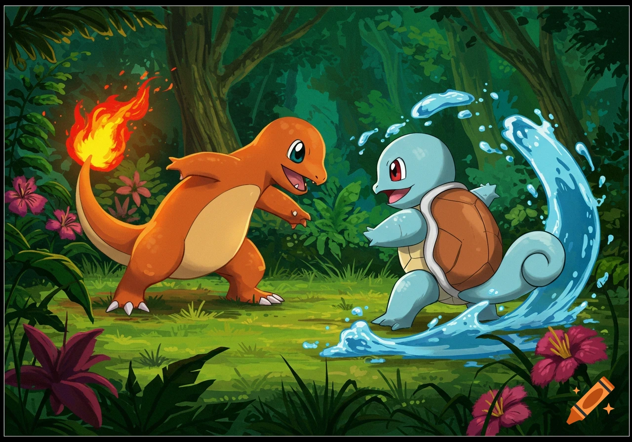 Charmander and Squirtle face off in a jungle with fire and water effects. on Craiyon