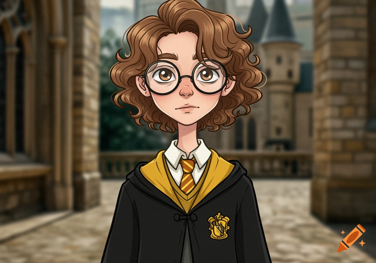 Cartoon drawing of a boy in black and yellow wizard robes and glasses ...