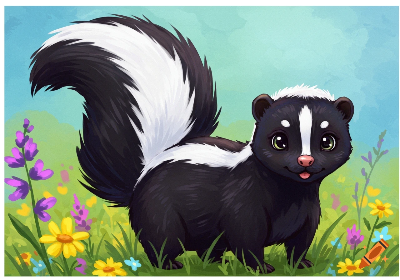 A cute cartoon skunk stands in a field of colorful flowers. on Craiyon