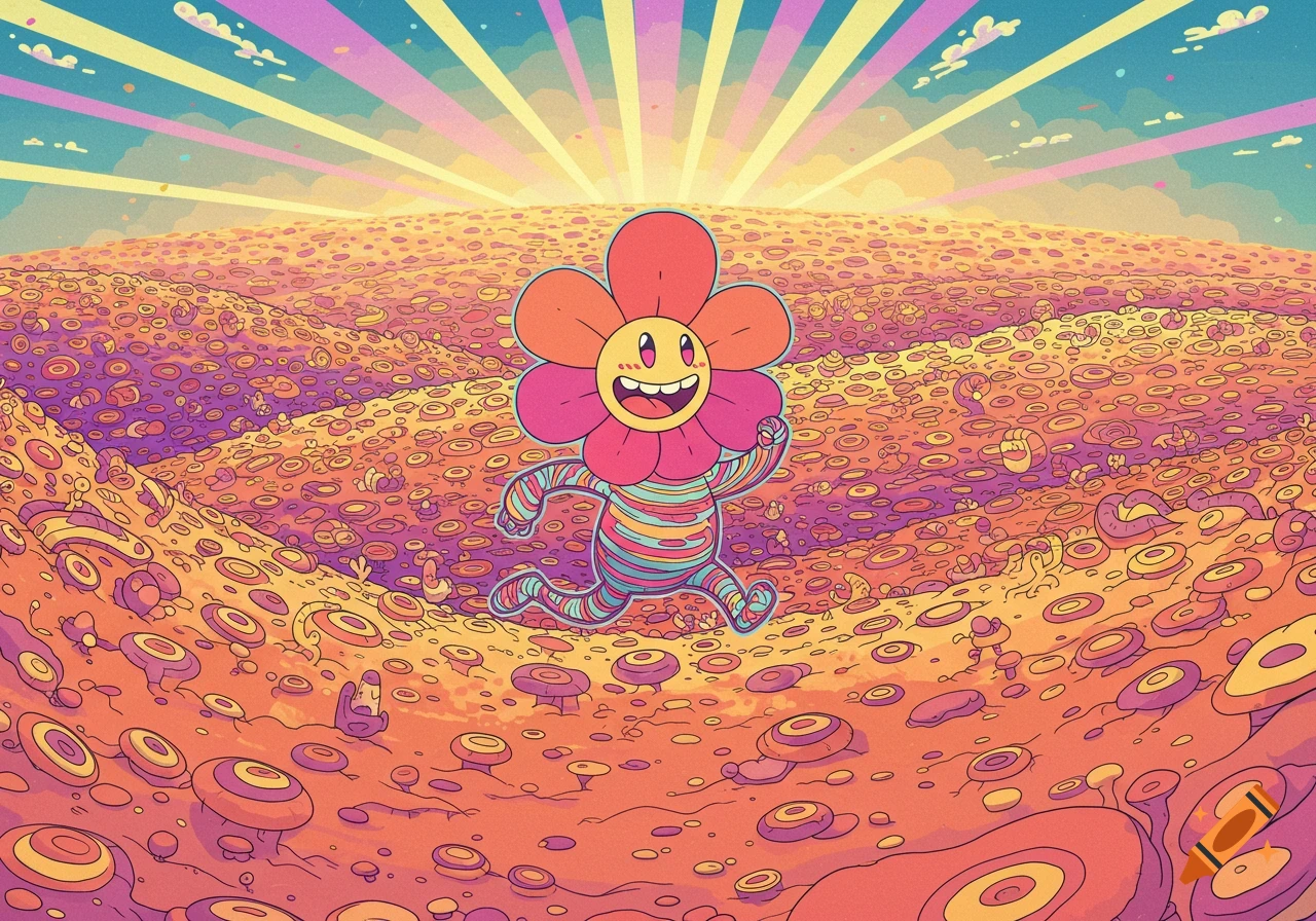Neo-psychedelic illustration of a cartoon flower character running ...