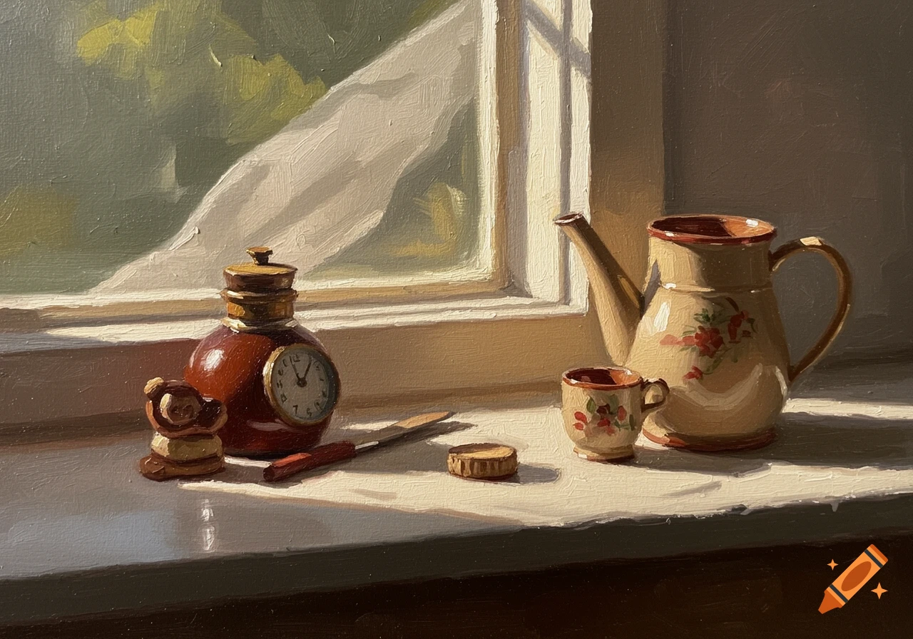 Impressionistic still life painting of objects on a sunlit windowsill ...