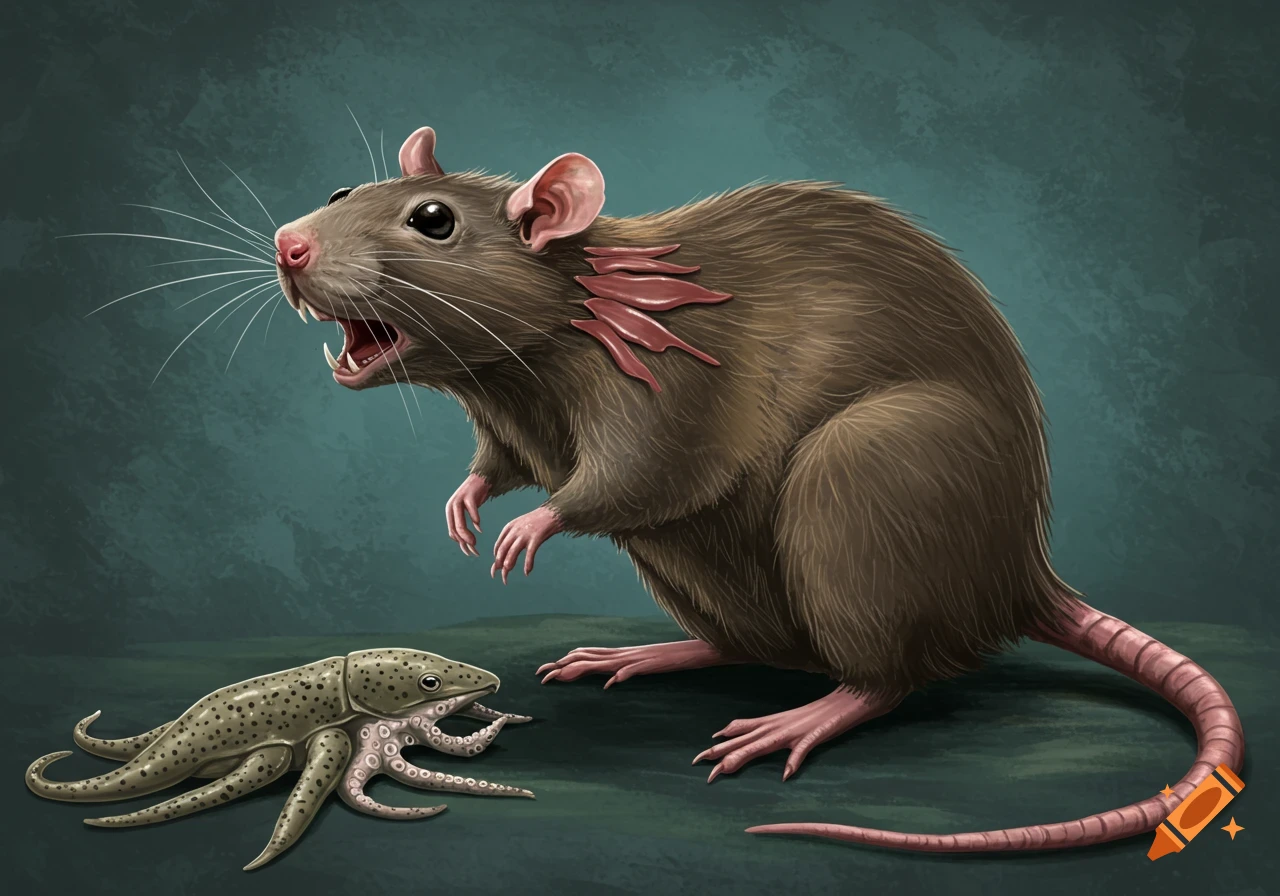 An illustration of a large brown rat with pink fleshy growths on its ...