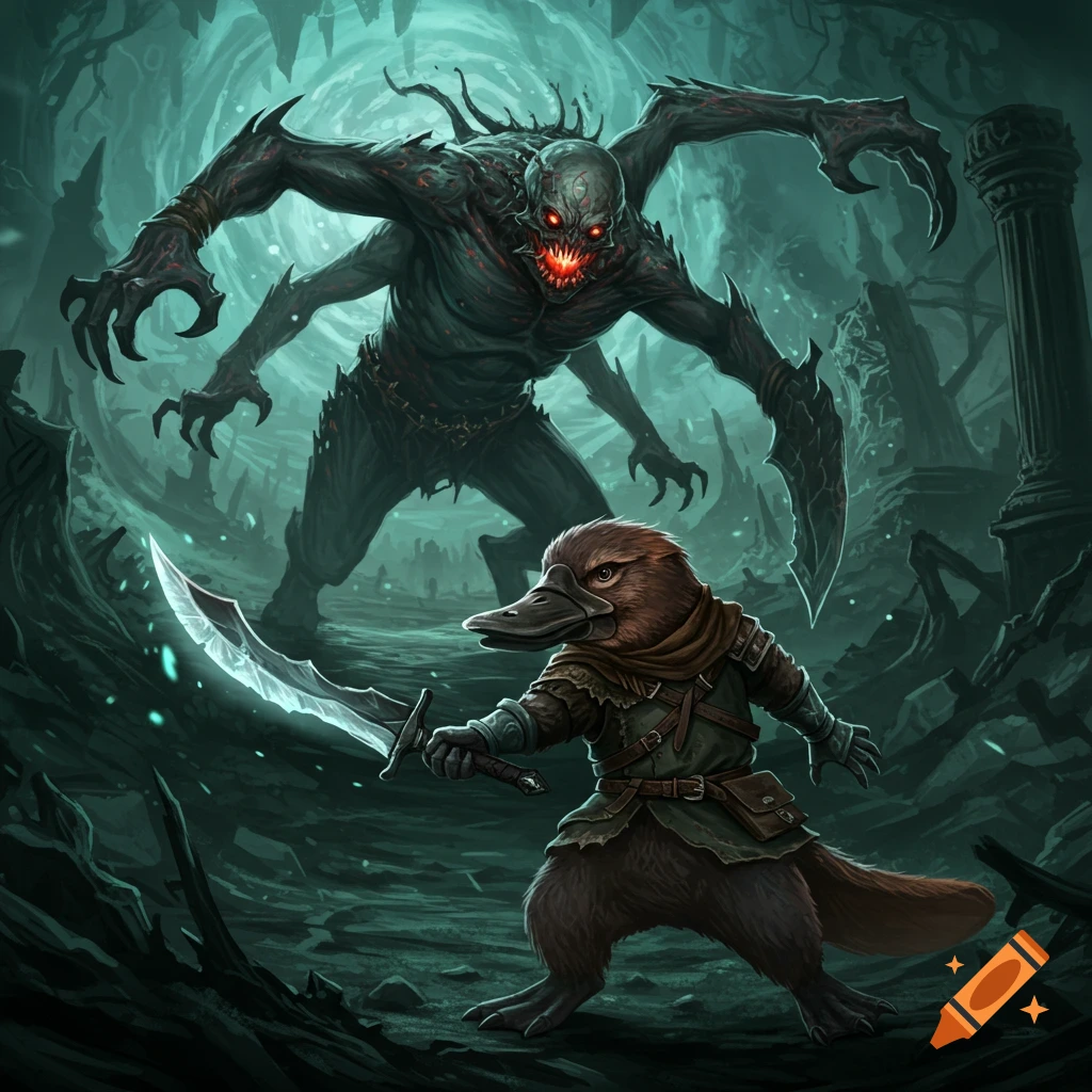 A platypus hero fights a multi-limbed monster in a dark fantasy setting ...