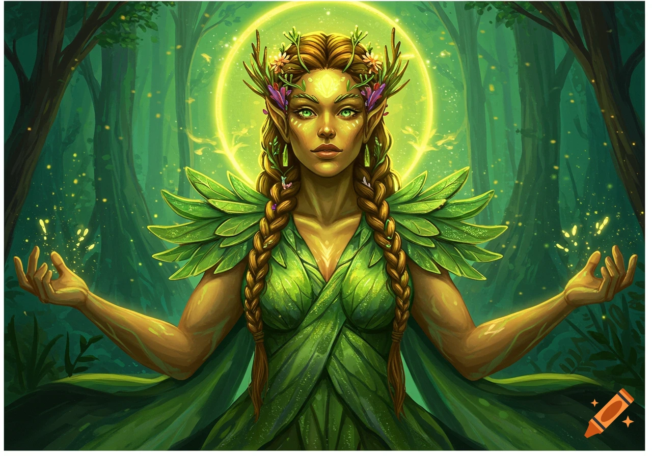 Fantasy illustration of a nature elf woman in a forest with glowing ...