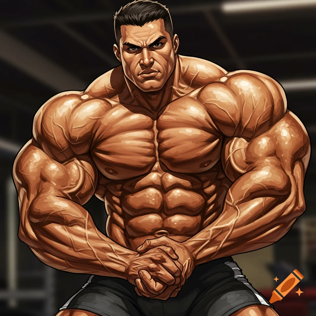 Hyper-muscular bodybuilder flexing chest and arms on Craiyon