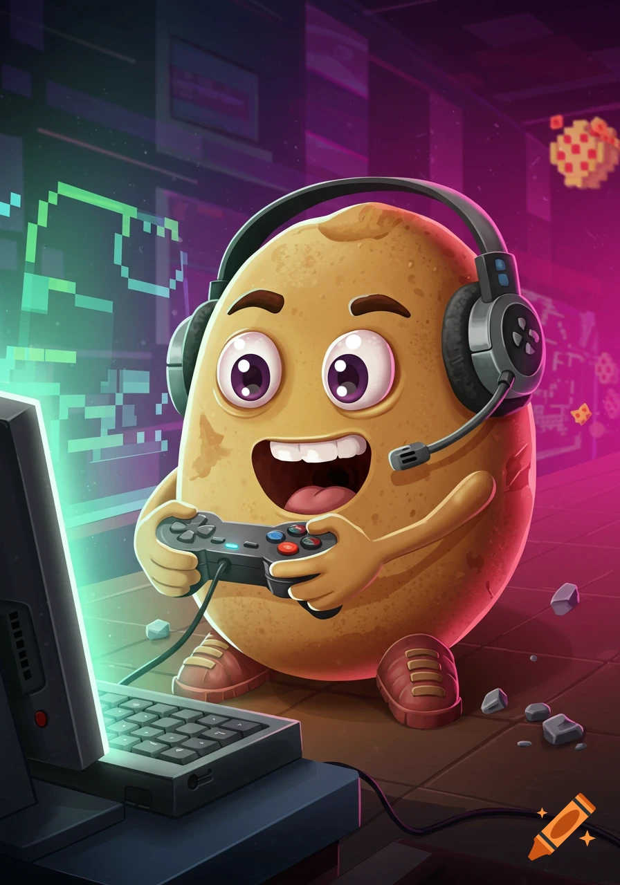 A cartoon potato wearing a headset plays video games on a computer. on ...