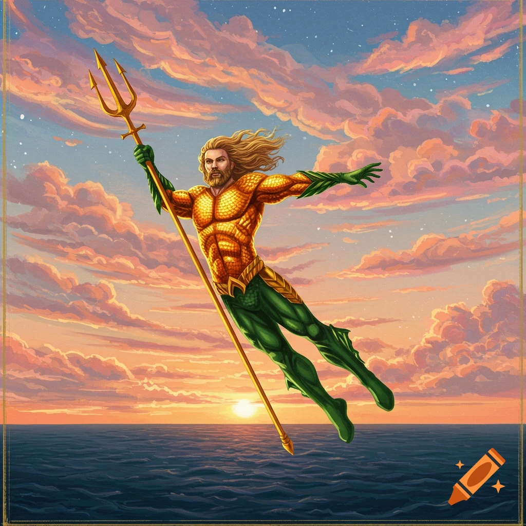 Painting of Aquaman flying through a cloudy sky at sunset, holding his ...