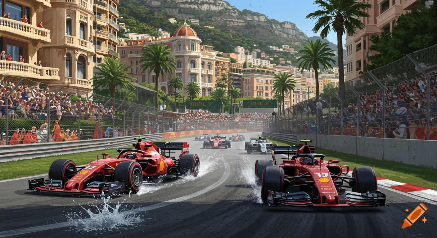 An illustration of a Formula 1 race with red cars speeding on a track ...