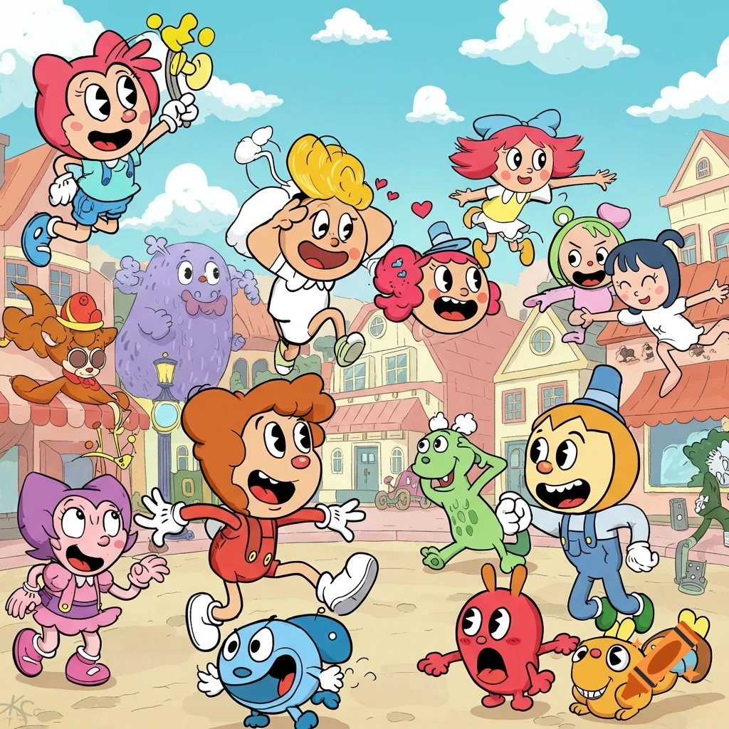 Colorful cartoon image of various lively characters running and playing ...