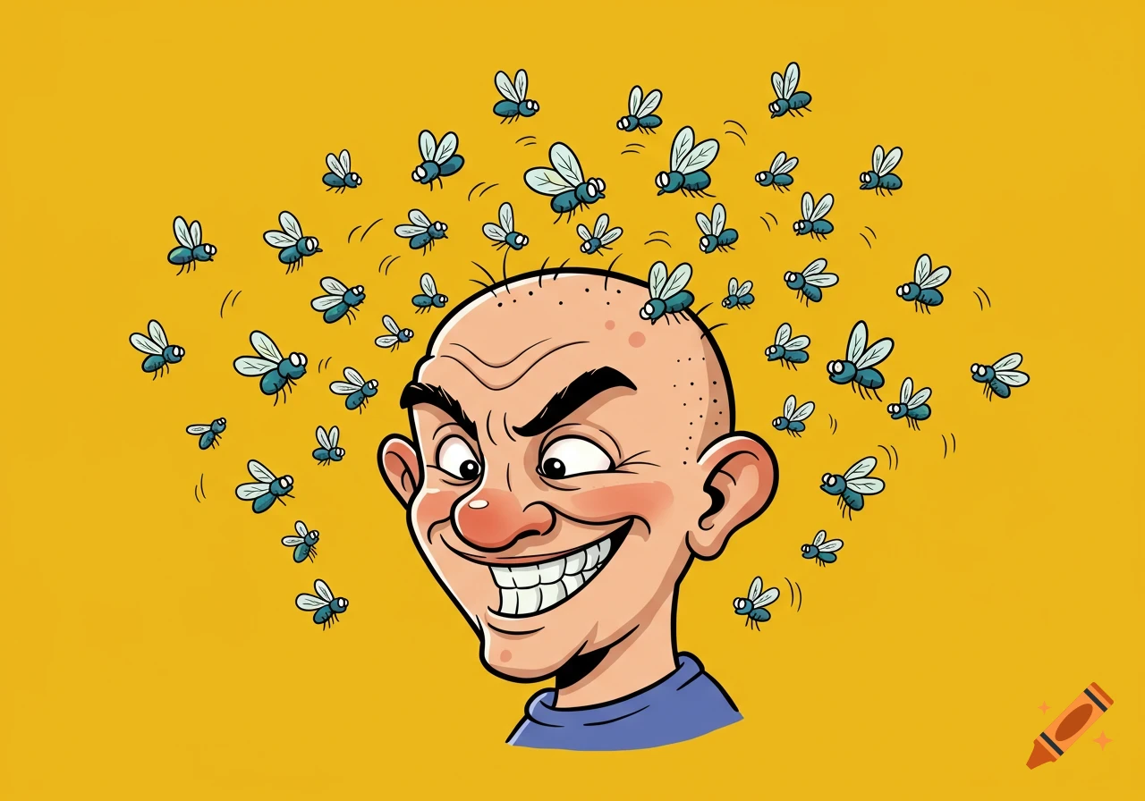Cartoon of a bald man smiling with flies buzzing around his head. on Craiyon