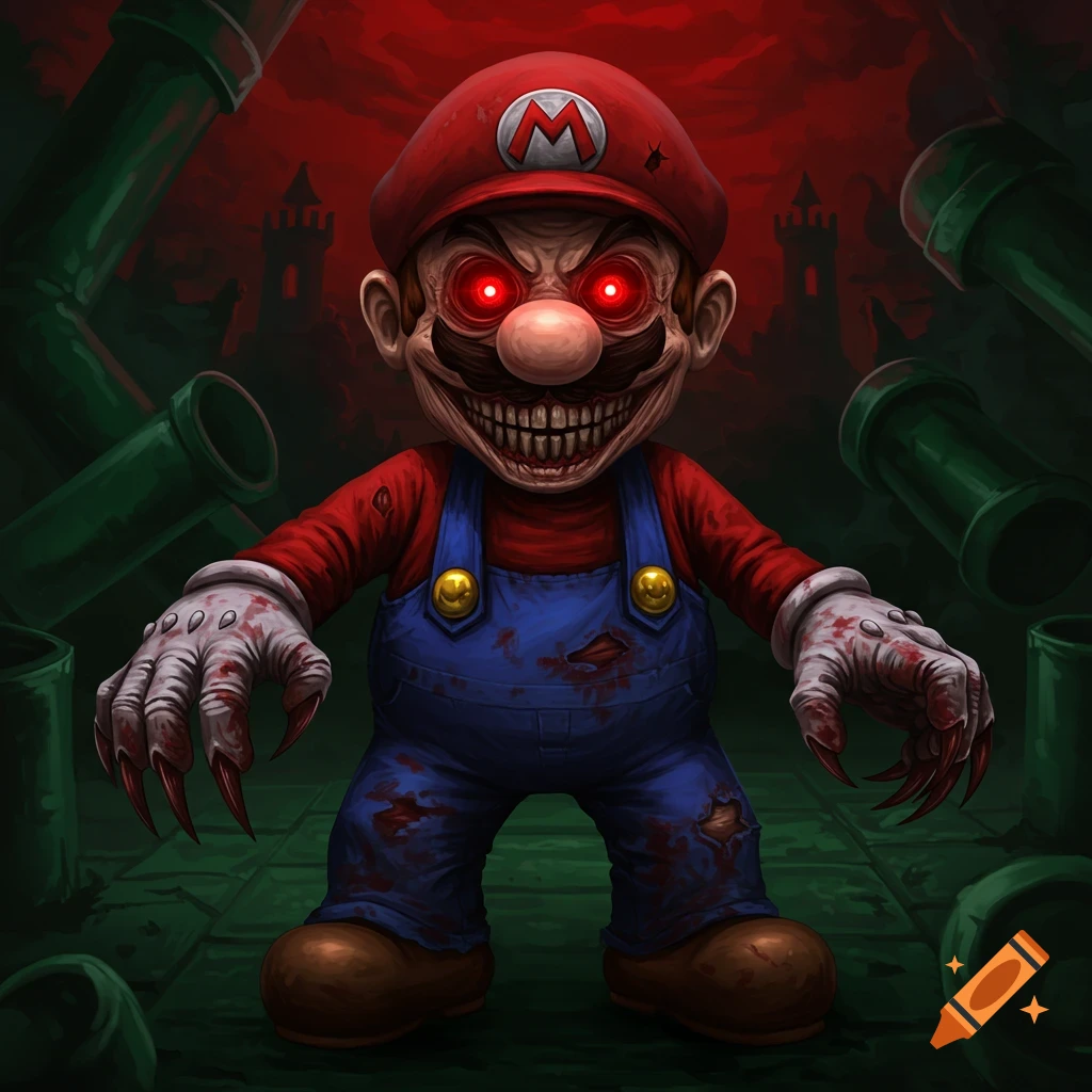 Scary version of Mario with glowing eyes, sharp teeth, claws, and blood ...