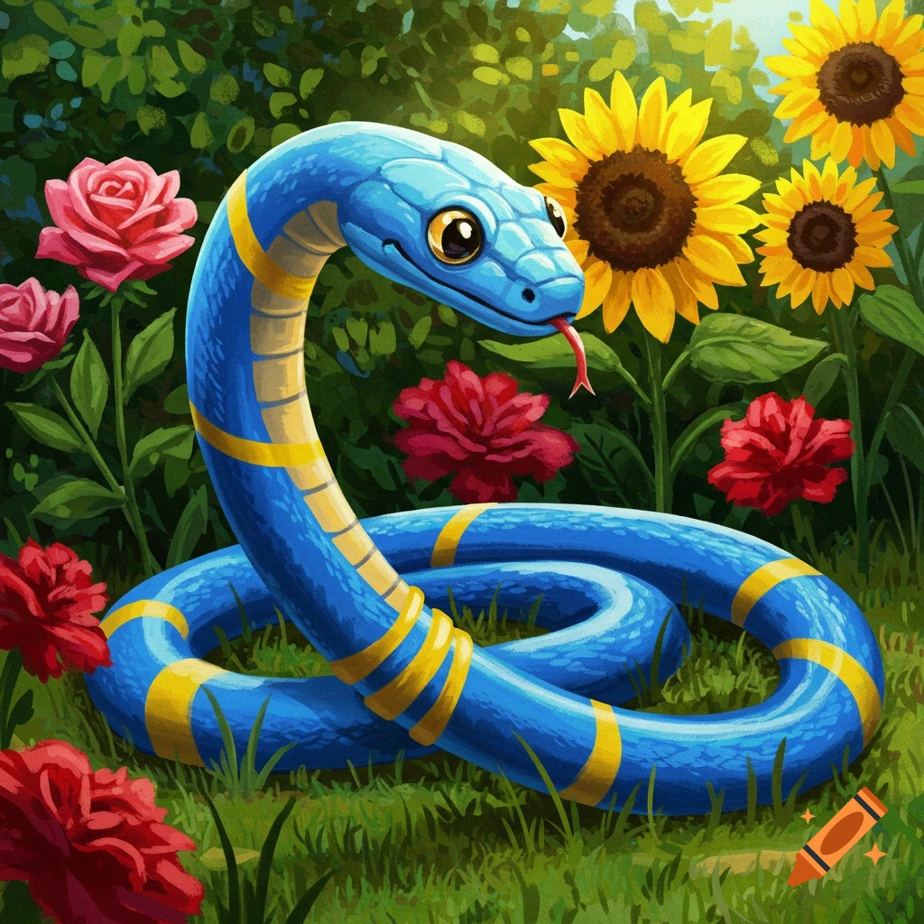 An illustration of a blue and yellow snake in a garden with roses and ...