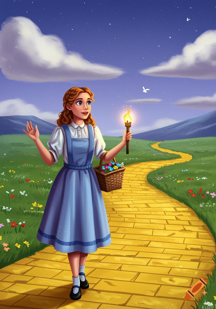 Illustration of Dorothy from Wizard of Oz walking on the yellow brick ...