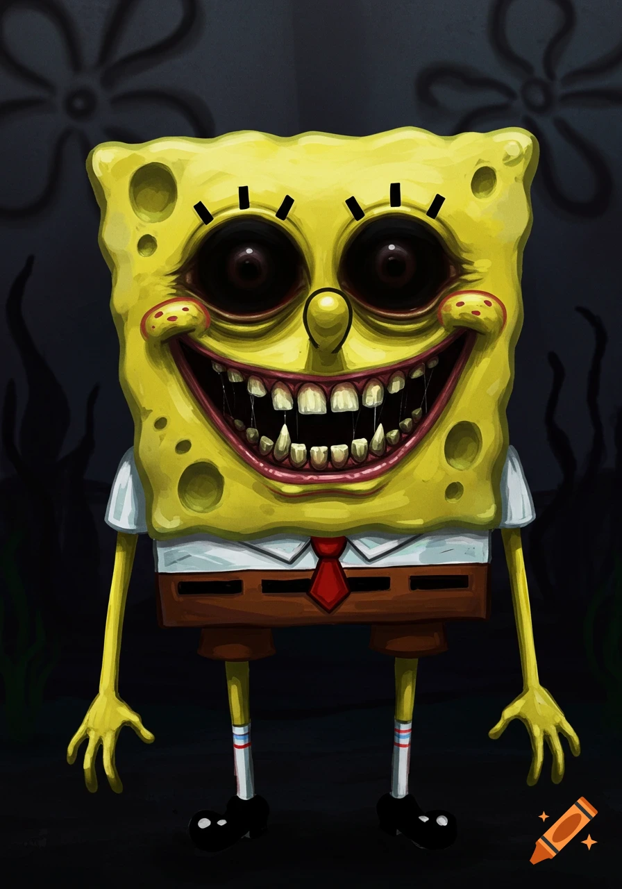 Creepy, distorted Spongebob Squarepants standing in a dark environment with a wide, toothy smile ...