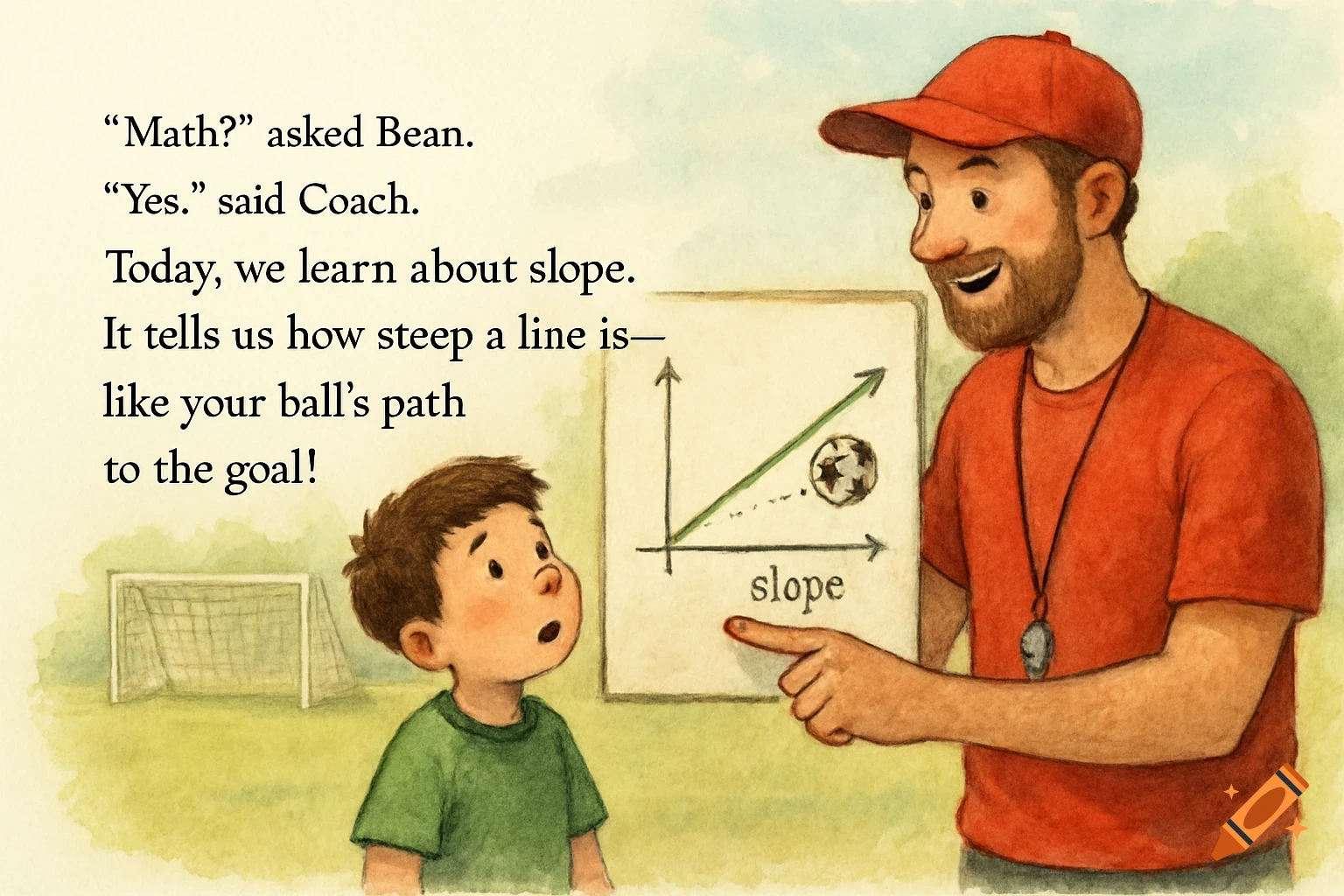 A coach shows a boy a math graph on a whiteboard explaining slope, with ...