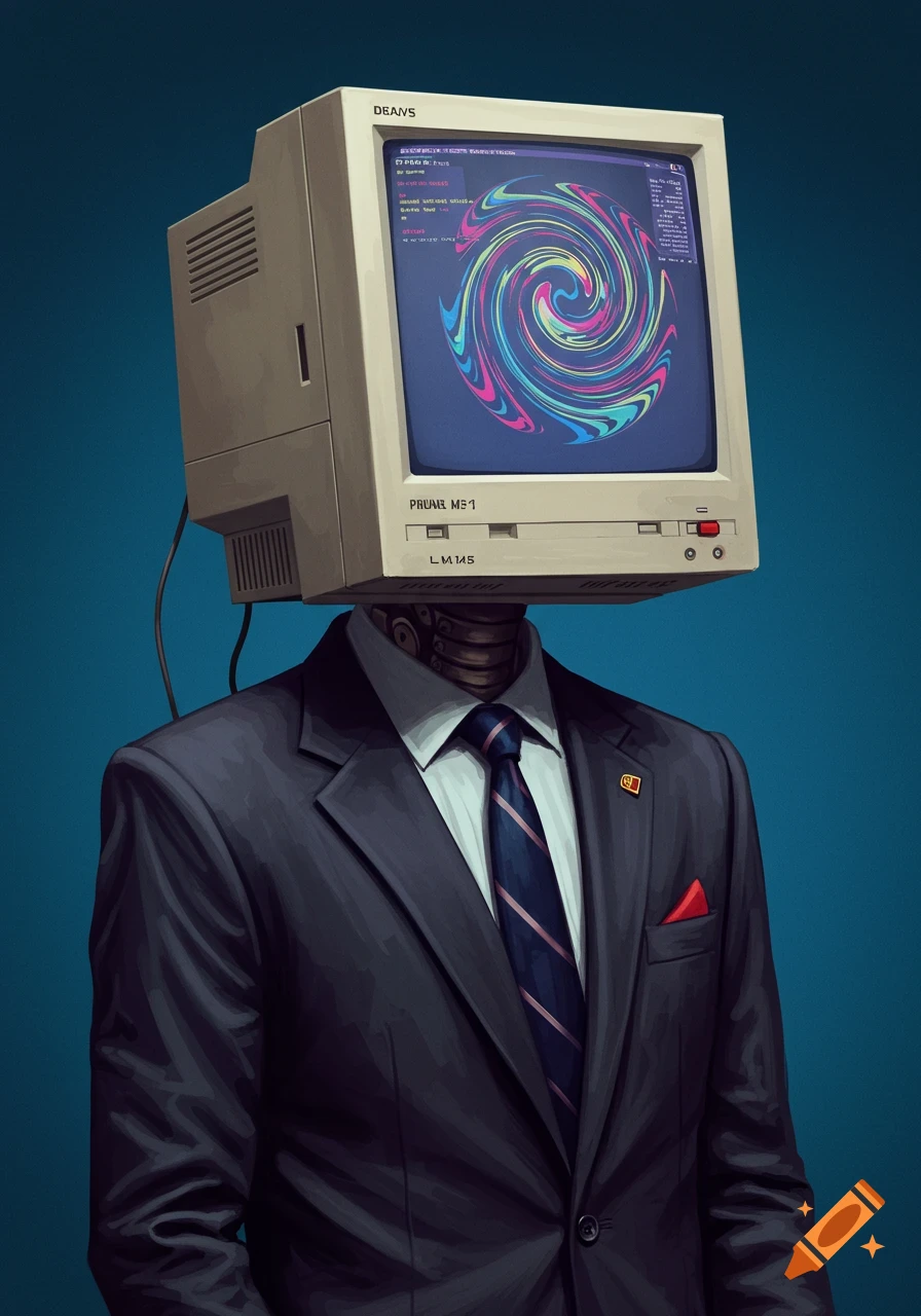 Illustration of a man with a vintage computer monitor head wearing a ...