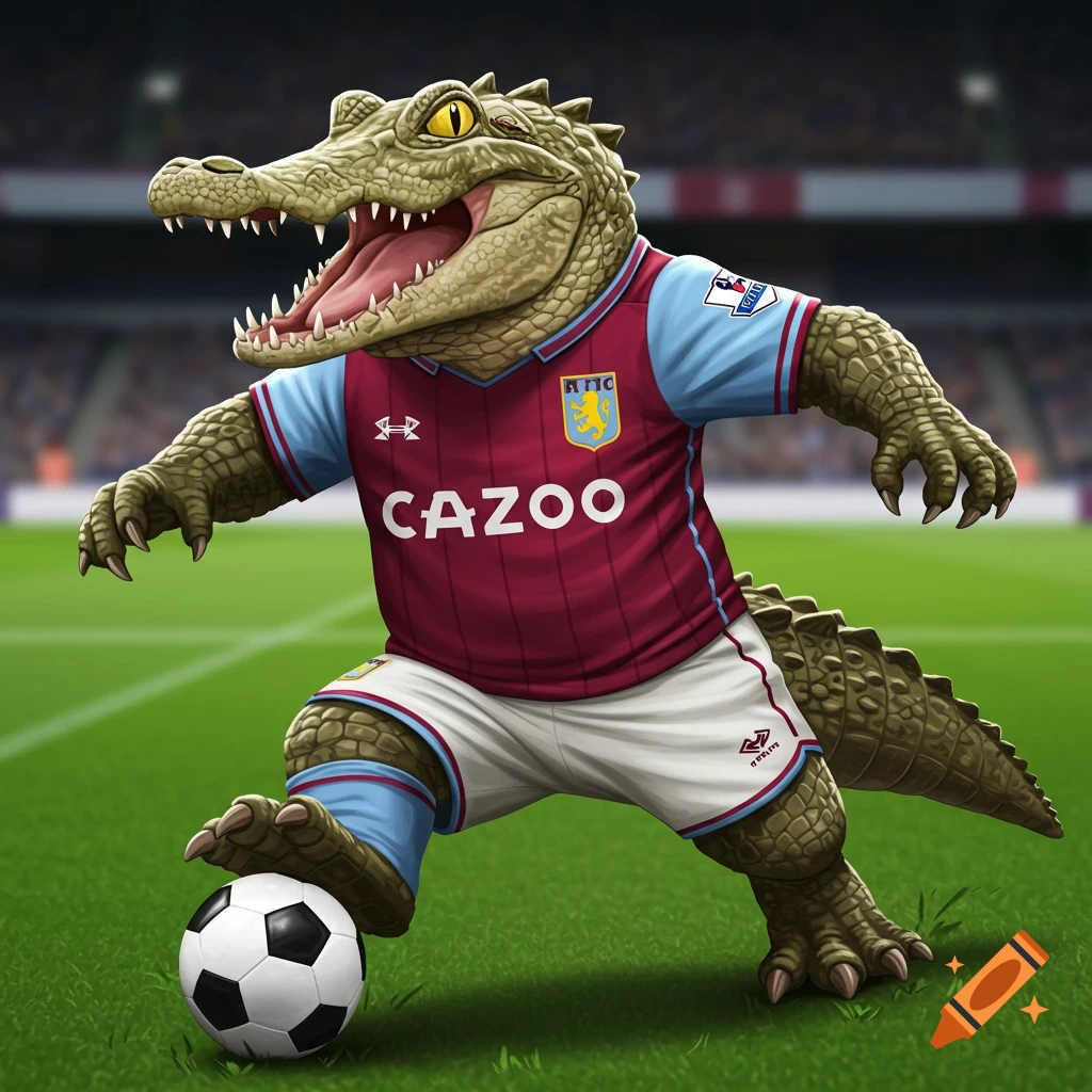 A cartoon alligator wearing an Aston Villa football kit dribbling a ...