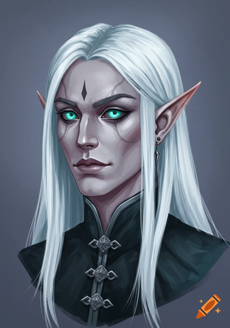 Portrait of a fantasy elf with white hair and teal eyes, wearing a dark ...