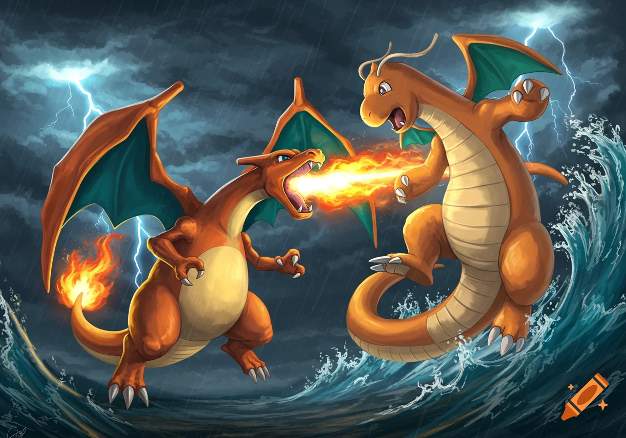 Charizard battles Dragonite with fire during a stormy battle with ...