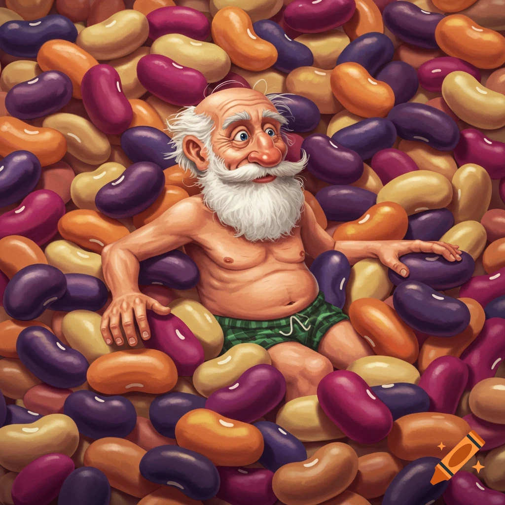 Illustrative portrait of an old man swimming waist-deep in a large pile ...