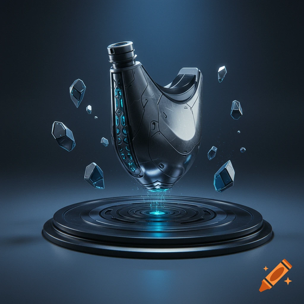 Futuristic metallic flask floating above a circular platform ...