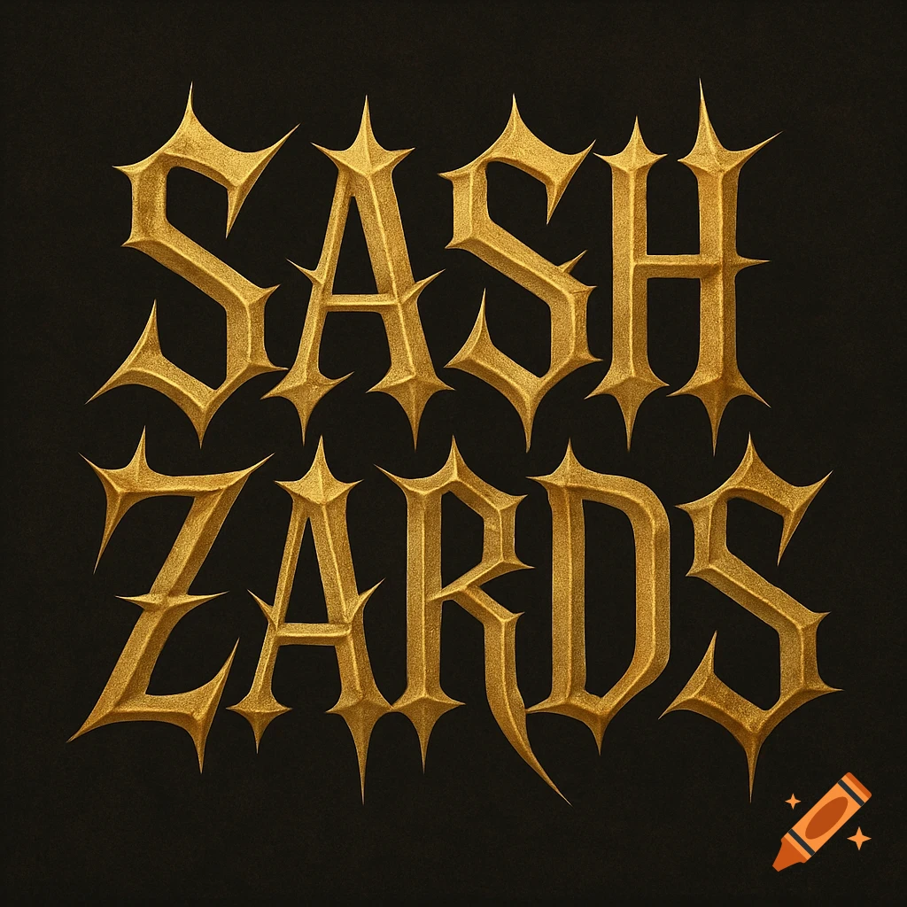 Golden spiky gothic text 'SASH ZARDS' on black on Craiyon
