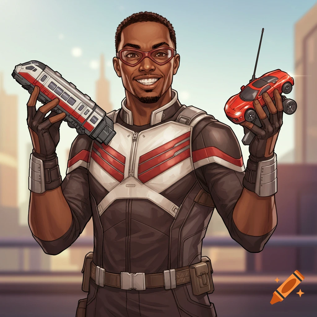 A cartoon illustration of Falcon holding a toy train and a red RC car ...