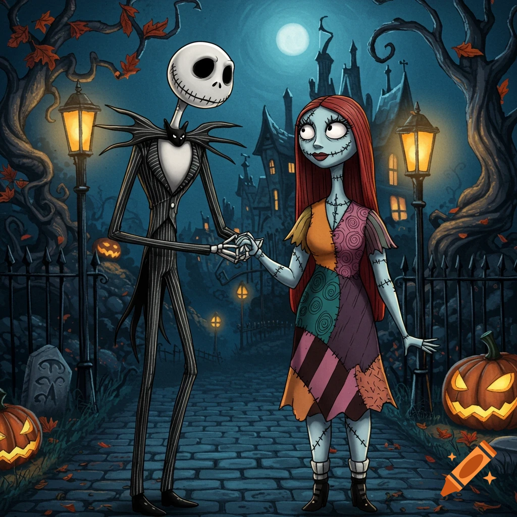 Jack Skellington and Sally holding hands on a spooky path at night on ...