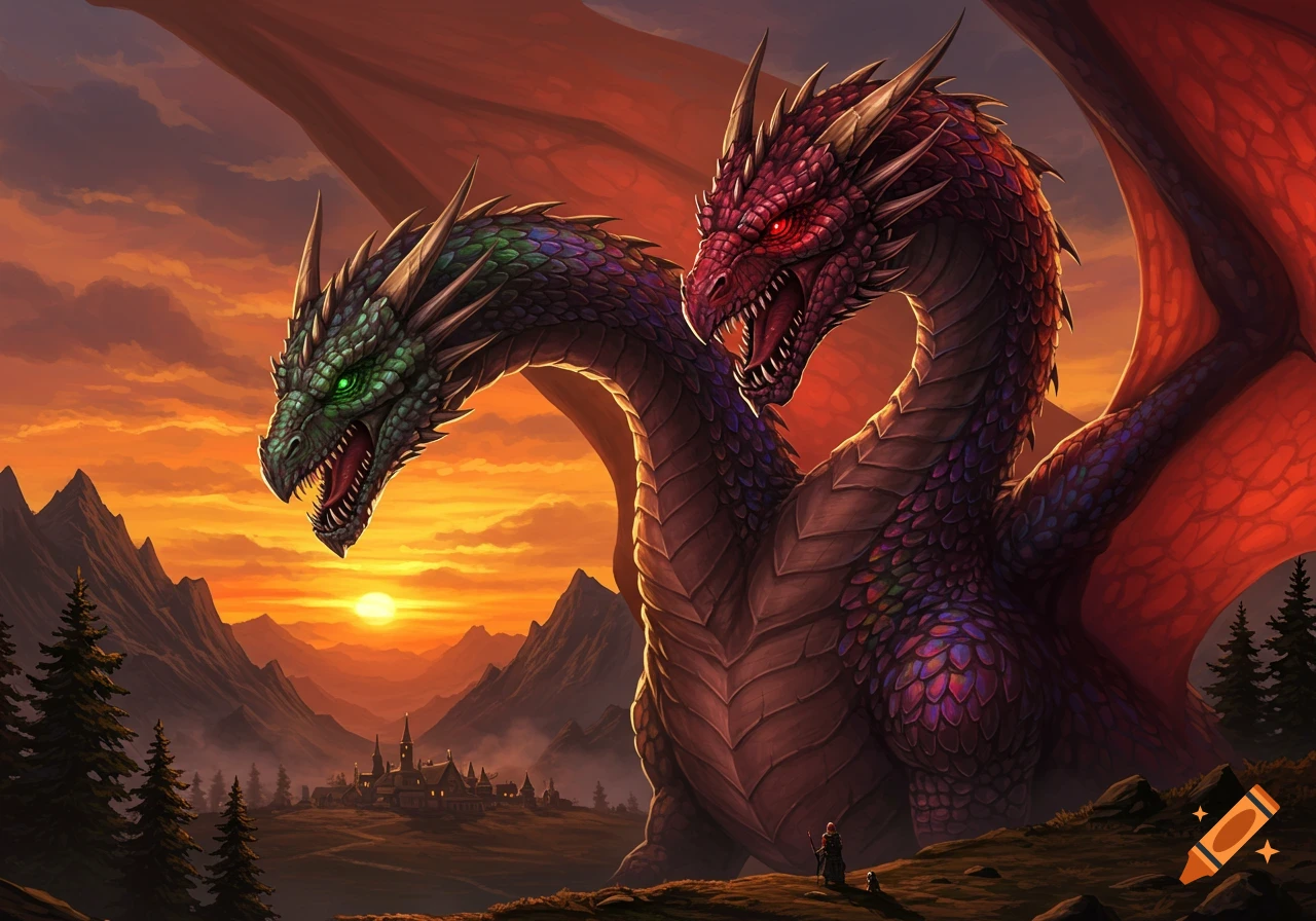 A two-headed dragon overlooks a valley village at sunset in a fantasy ...