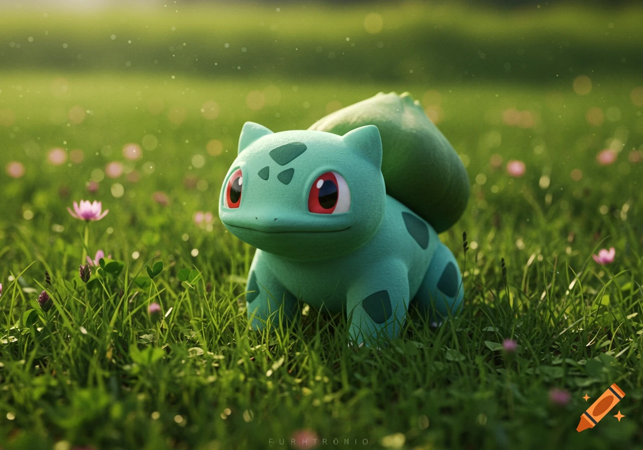 A 3D render of Bulbasaur standing in tall grass with pink flowers. on ...