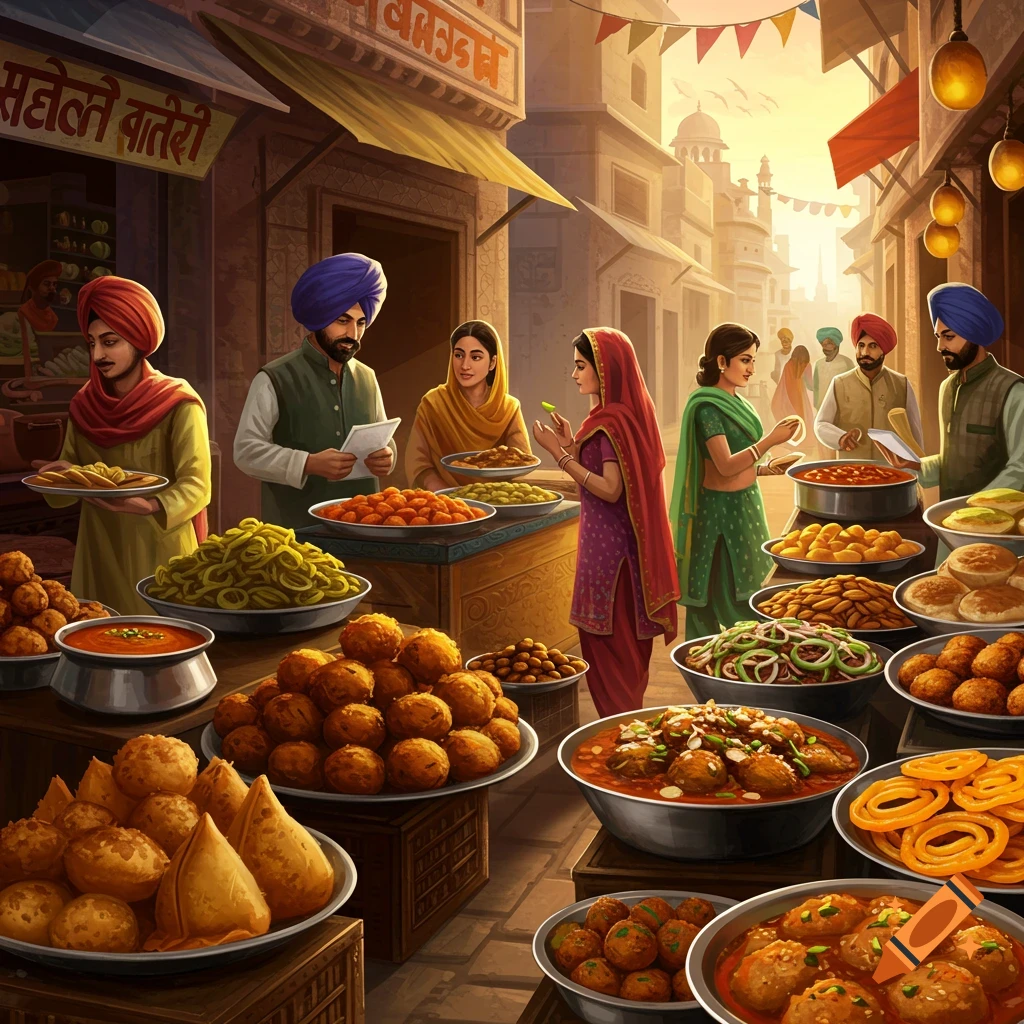 A vibrant illustrated scene of a Punjabi street food market with people ...