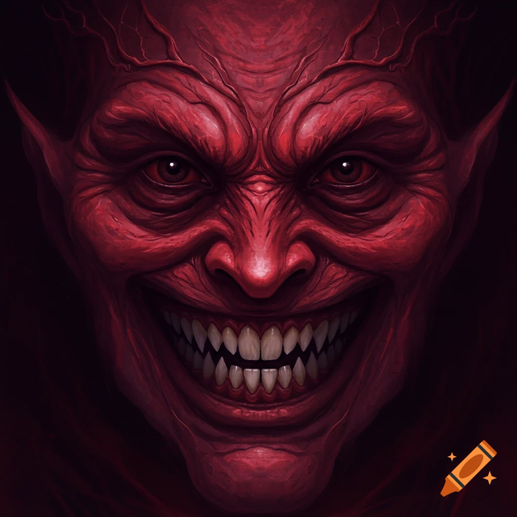 Close-up portrait of a red-skinned demon face with sharp teeth on Craiyon