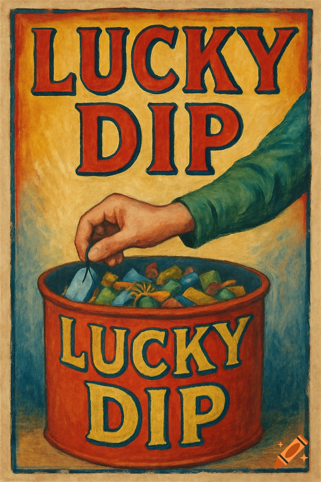 Illustrative poster of a hand reaching into a lucky dip pot, text says ...