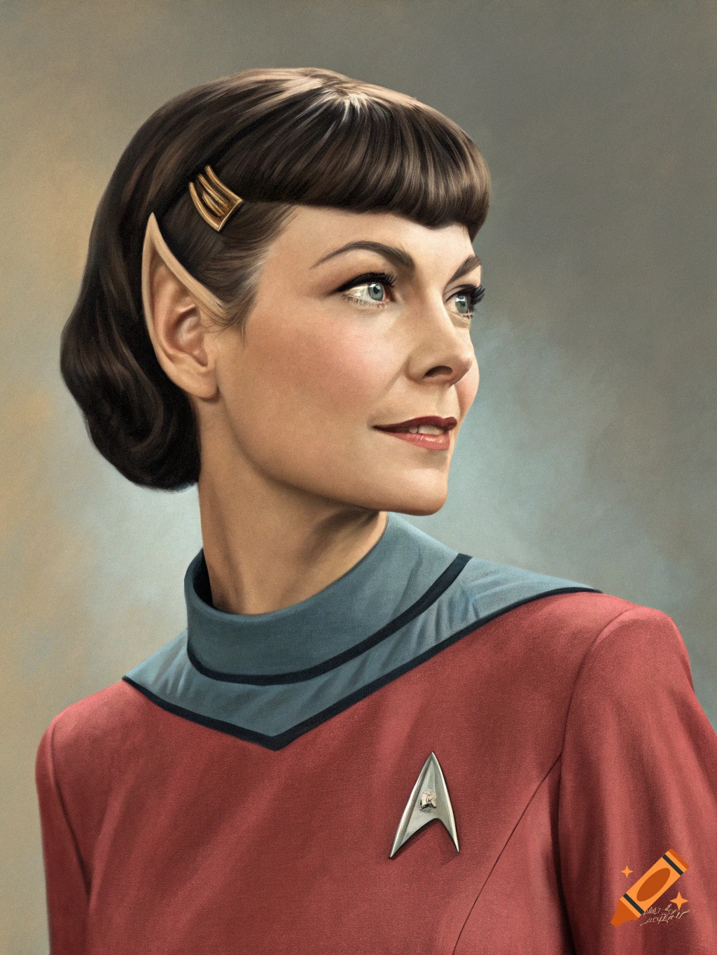 Portrait painting of a woman with Vulcan ears wearing a red science ...