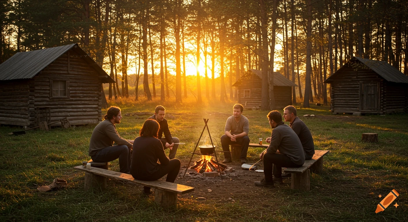 A group of people sit around a campfire in a forest clearing at sunset ...