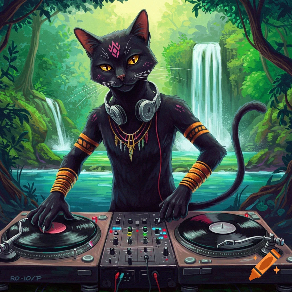 Black cat DJ wearing headphones on turntables in a jungle waterfall ...