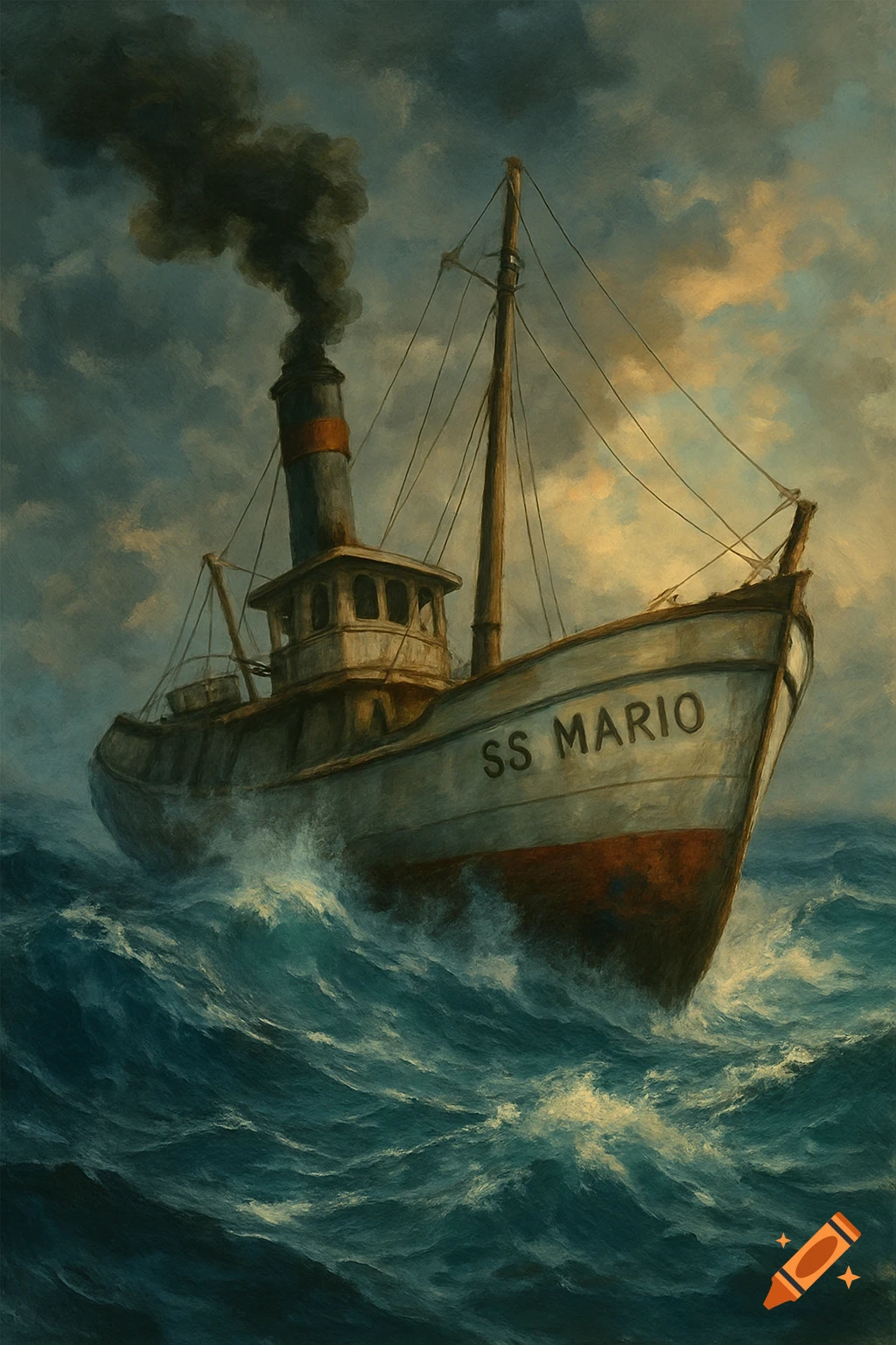 A painting of the SS Mario boat in stormy seas. on Craiyon