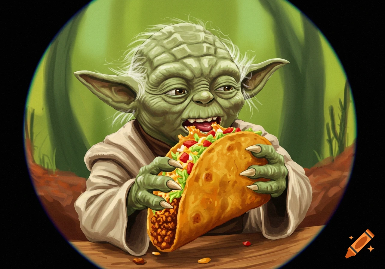 Fisheye illustration of Yoda eating a large taco. on Craiyon