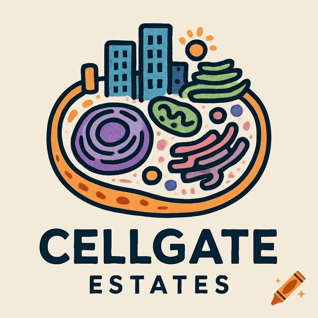 Colorful illustrated logo of a cell containing city buildings and ...