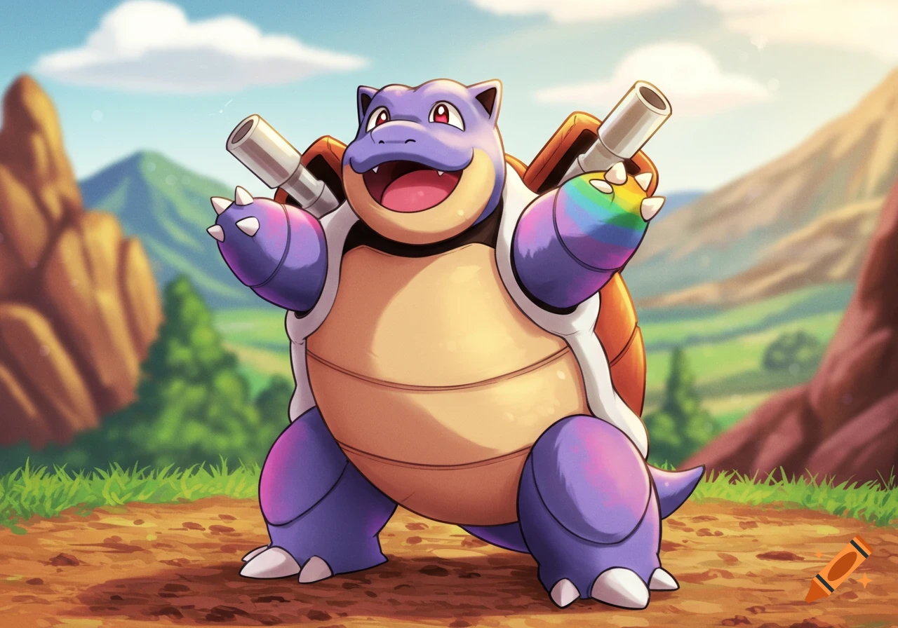 Cartoon illustration of Blastoise with rainbow paws standing in a ...